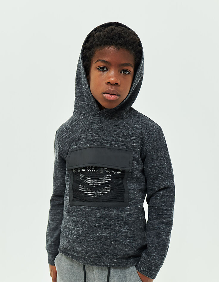 Boys’ charcoal grey marl hoodie + mesh front pocket
