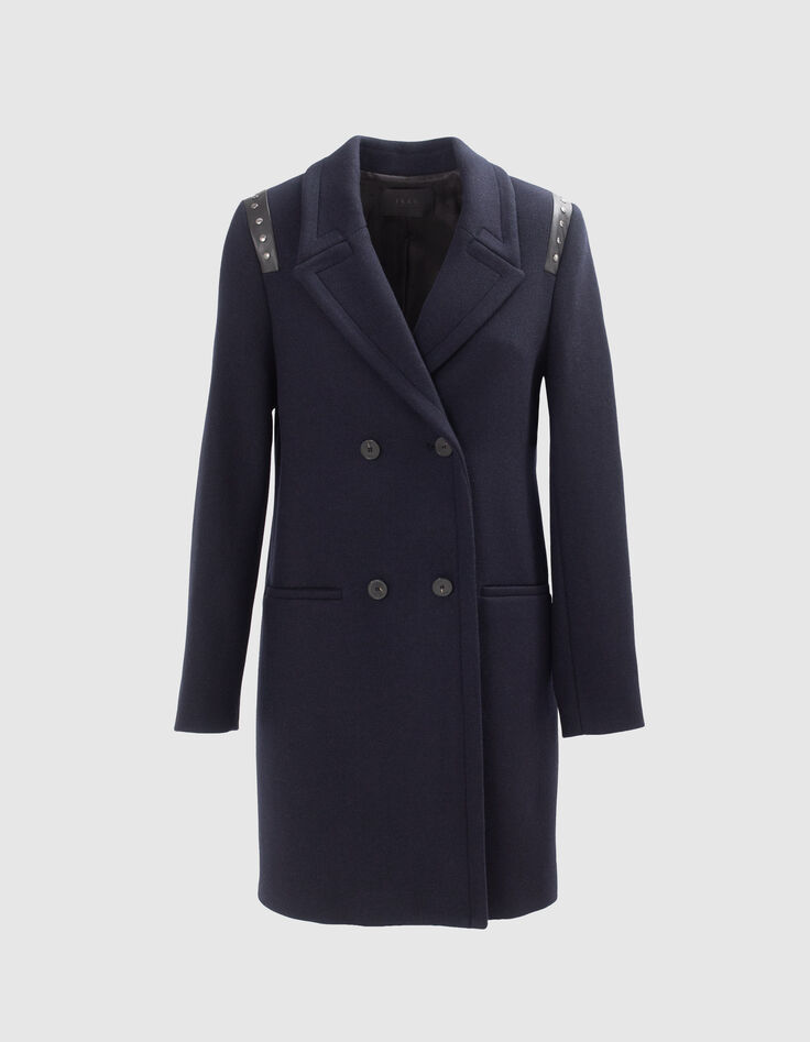 Women’s navy wool fabric studded straight coat IKKS