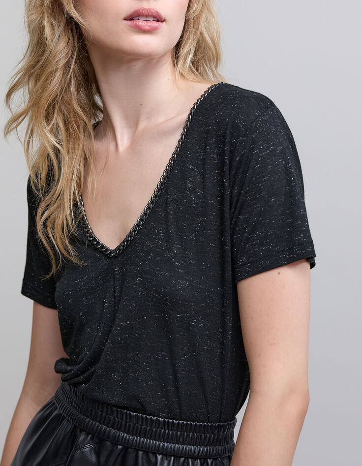 Tee-shirt noir lurex encolure V bijou Femme IKKS