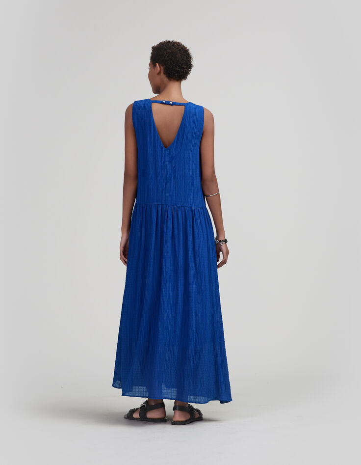 Robe longue cobalt recyclé tissu gaufré Femme
