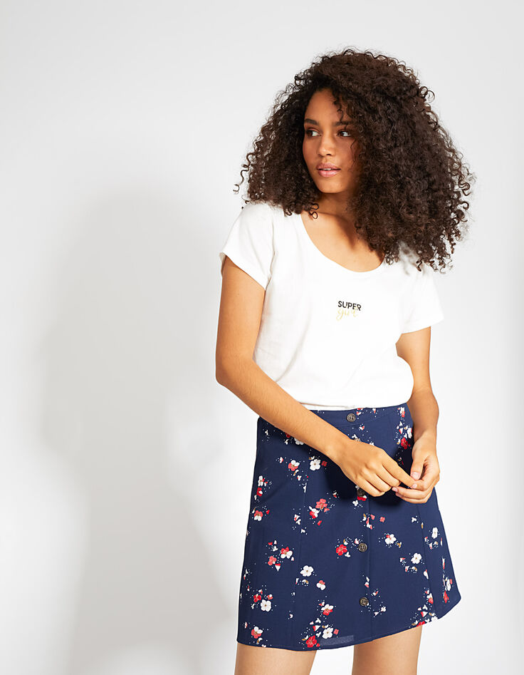 Falda trapecio azul marino estampado Floral Preppy I.Code