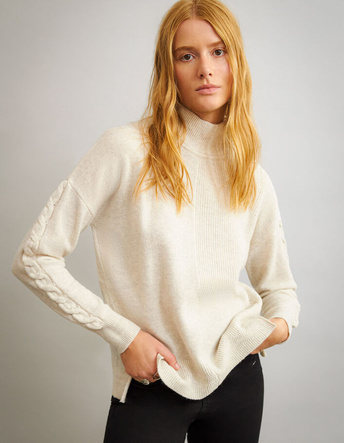 Pull col montant en laine écru boutons bijoux épaule femme IKKS