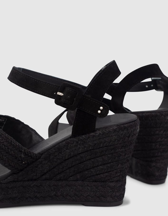 Women’s black raffia platform sandals with ankle buckle