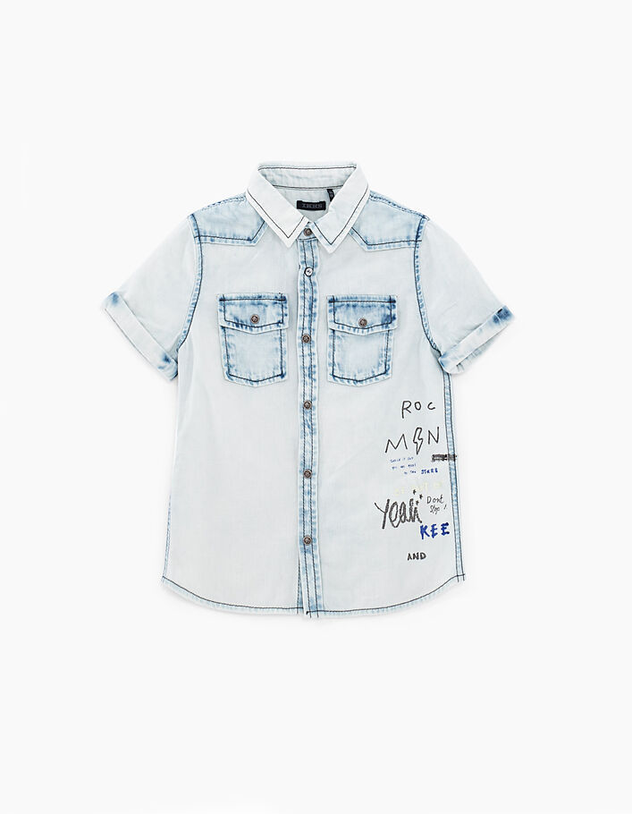 Boys’ bleach blue printed denim shirt