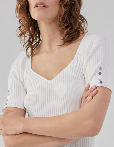 Pull blanc cassé en tricot côtelé à col carré en V Femme