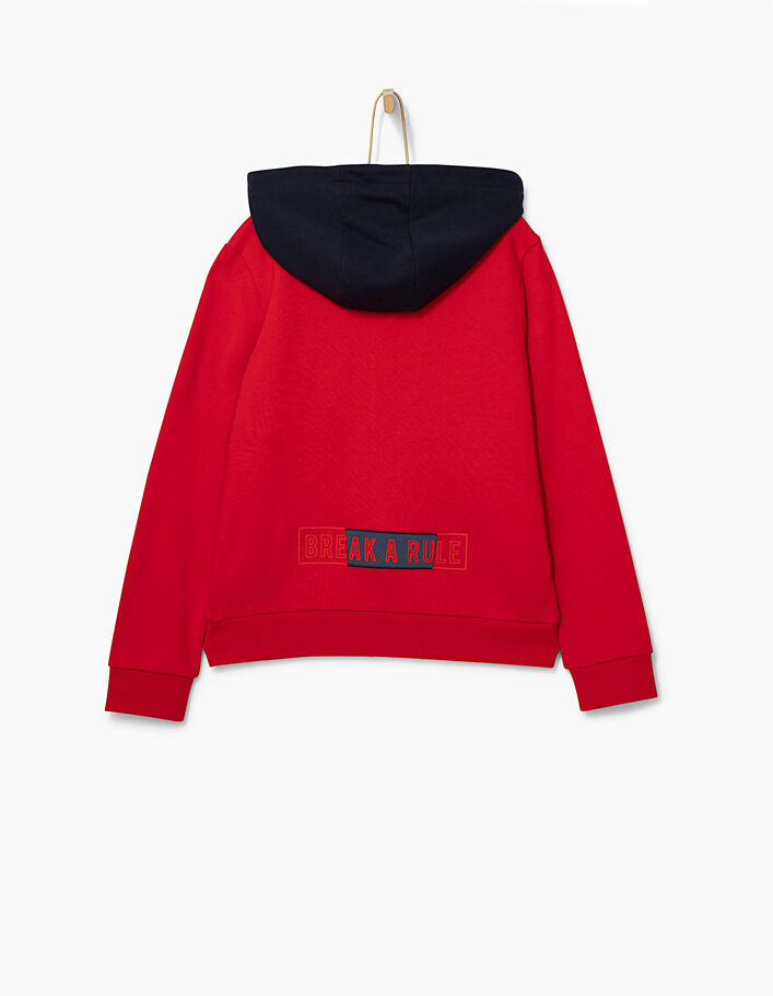 Boys' medium red cardigan with navy hood