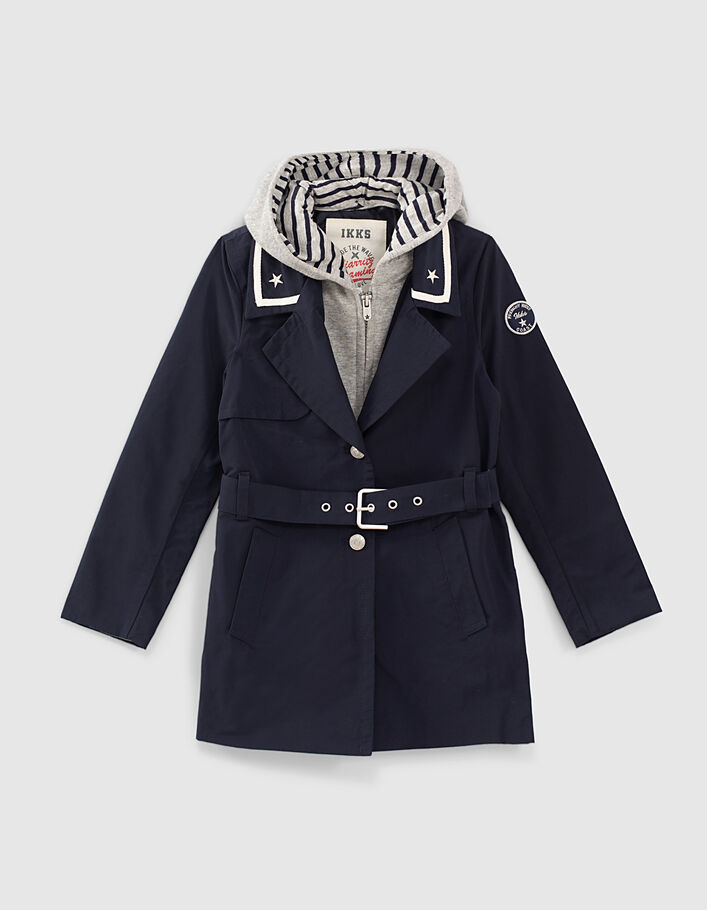 Girls’ navy trench coat with detachable hood