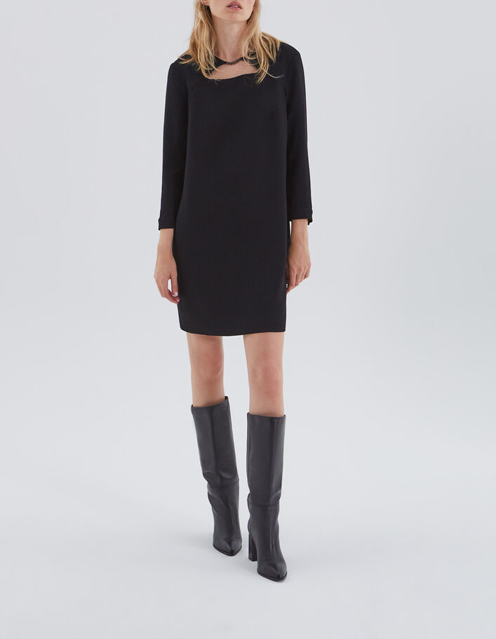 Robe noire avec gourmette métal devant Femme