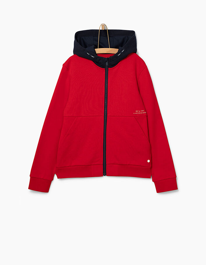 Boys' medium red cardigan with navy hood