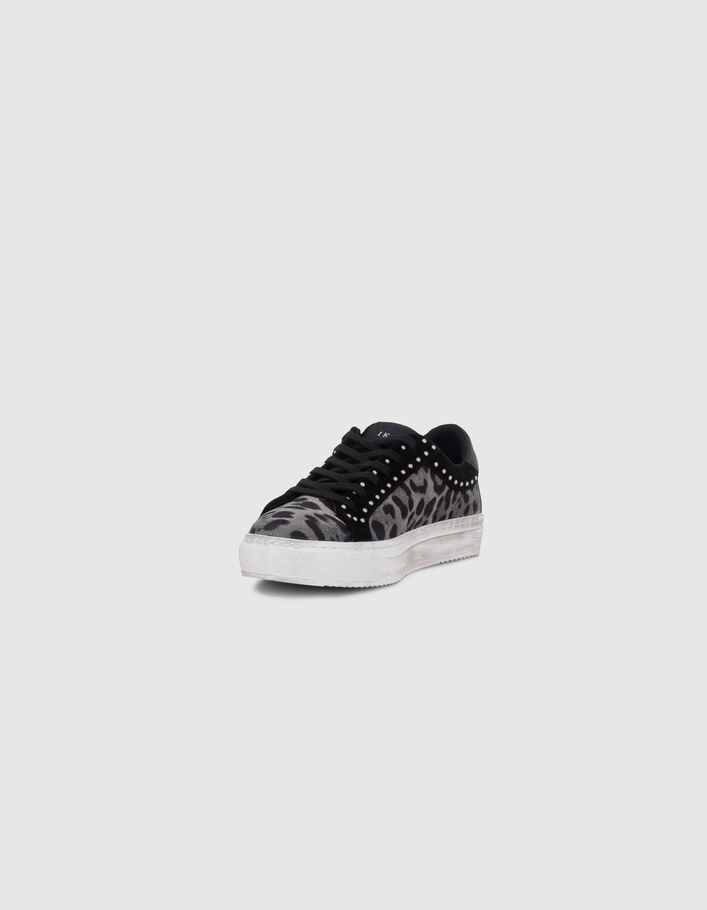Women’s black leopard motif suede studded trainers