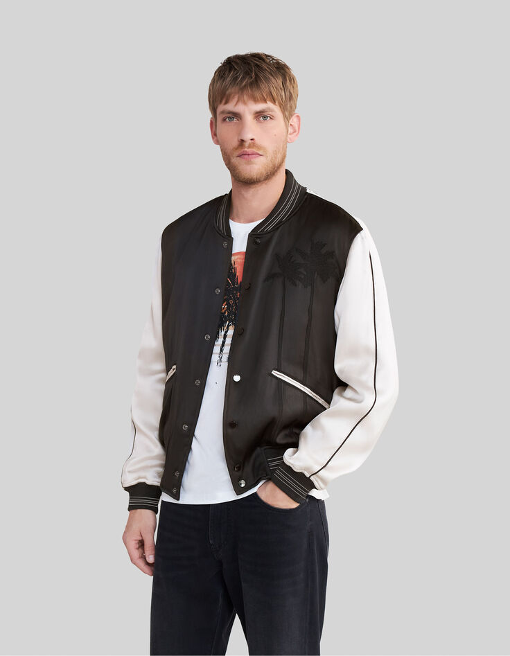 Men’s black two-tone varsity jacket with embroidery