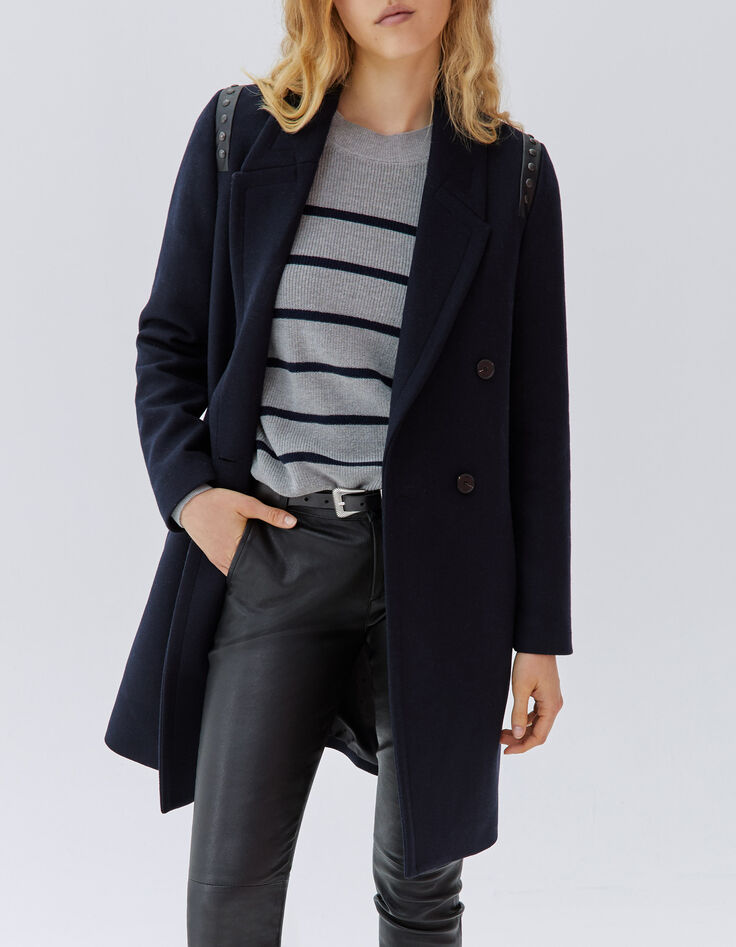 Women’s navy wool fabric studded straight coat IKKS