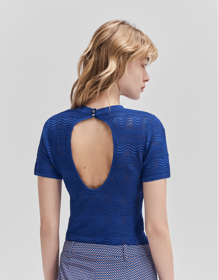 Women’s cobalt decorative openwork knit backless T-shirt