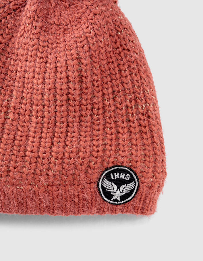 Bonnet bois de rose côtelé lurex or fille