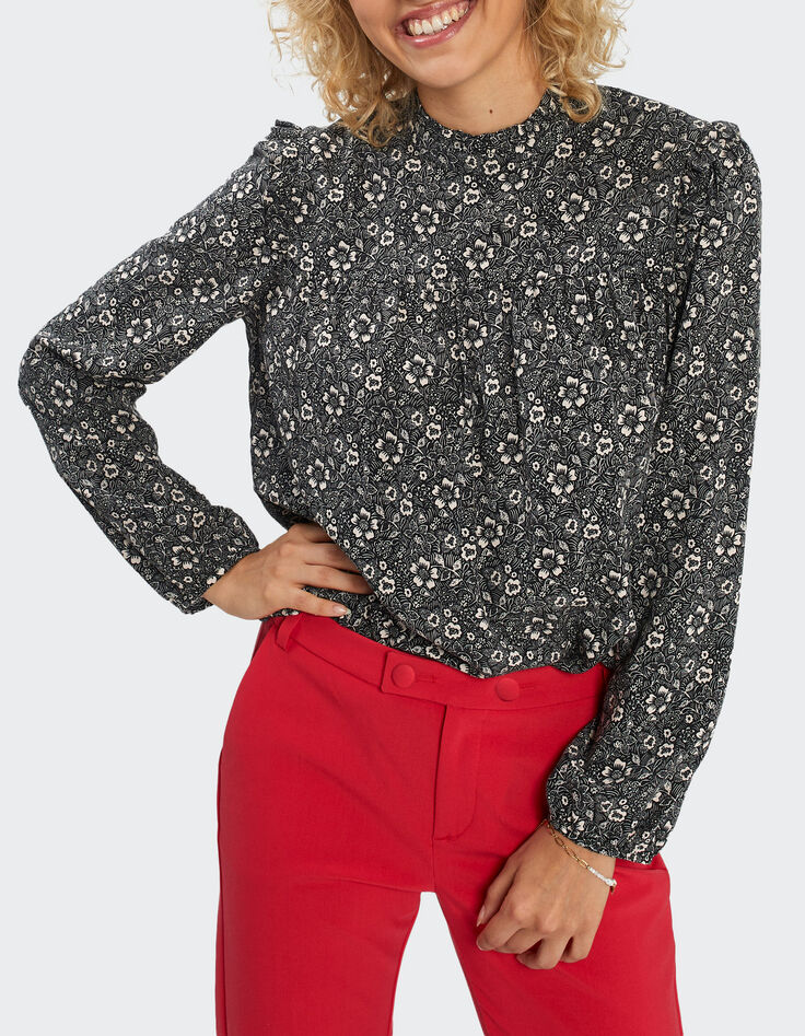 Blouse noire à imprimé fleurs graphiques I.Code