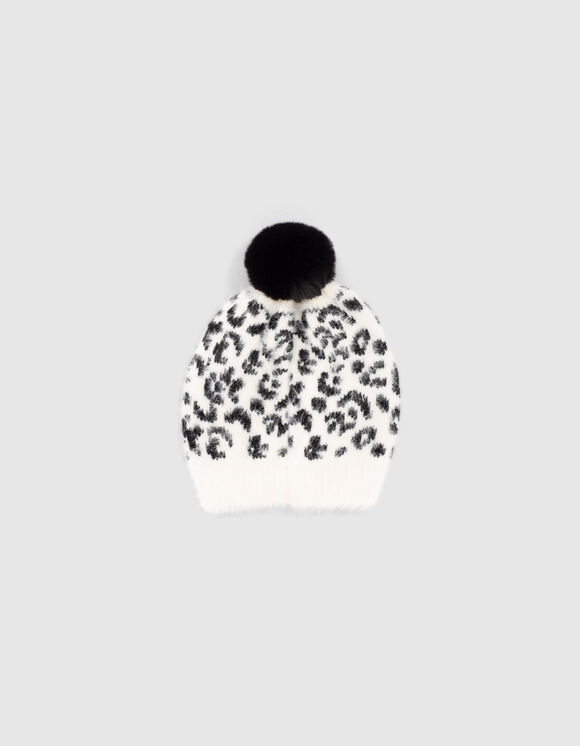 Bonnet écru tricot motif léopard fourré fille